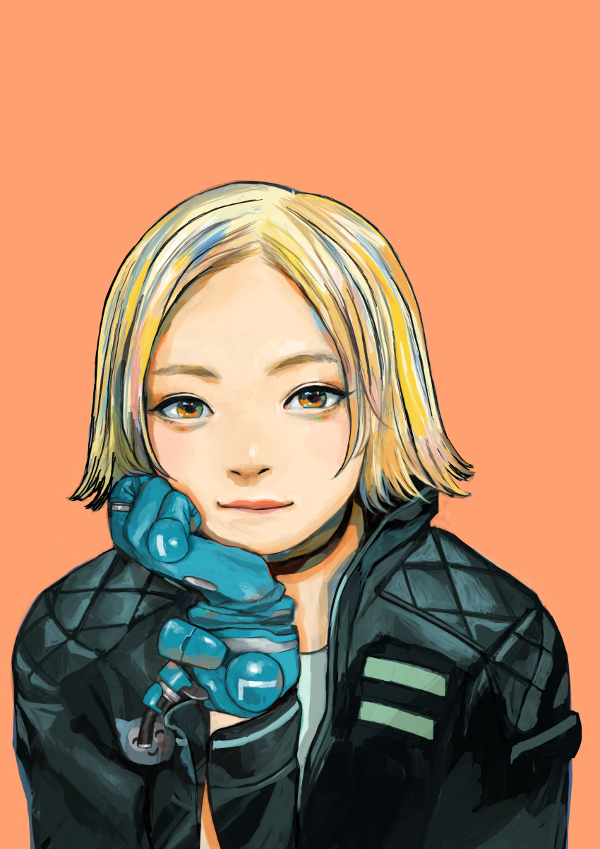 Safebooru - 1girl absurdres black choker black jacket blonde hair blue gloves brown eyes choker ...