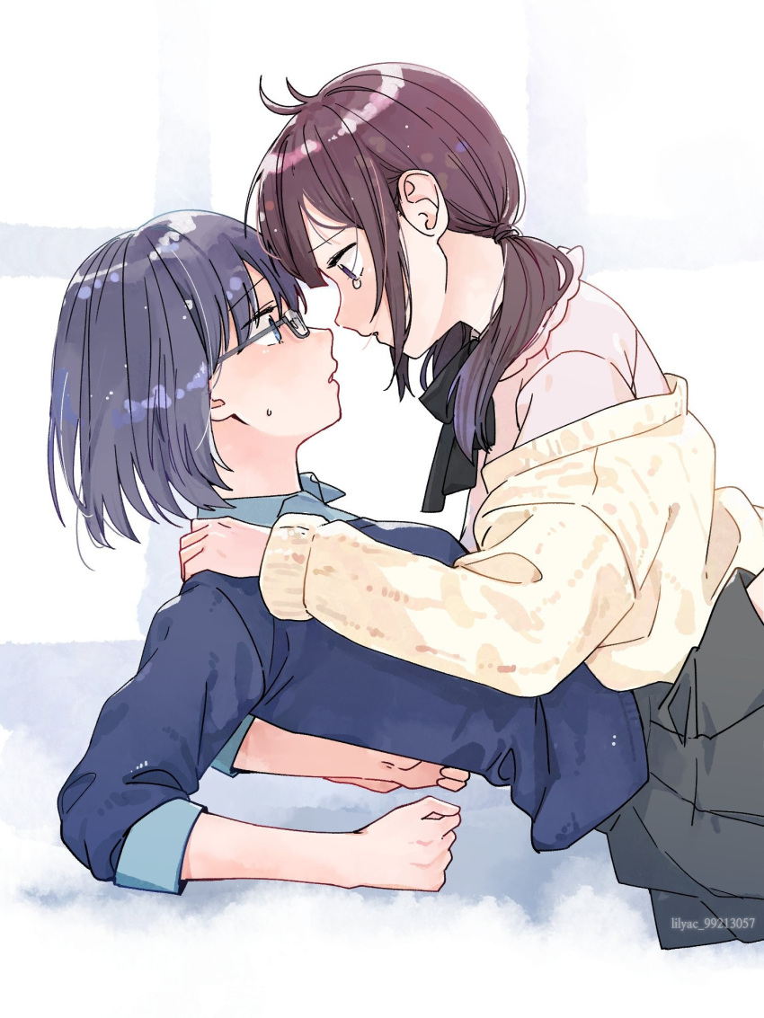 Safebooru - 2girls artist name blue eyes blue shirt blush brown hair collared shirt commentary ...