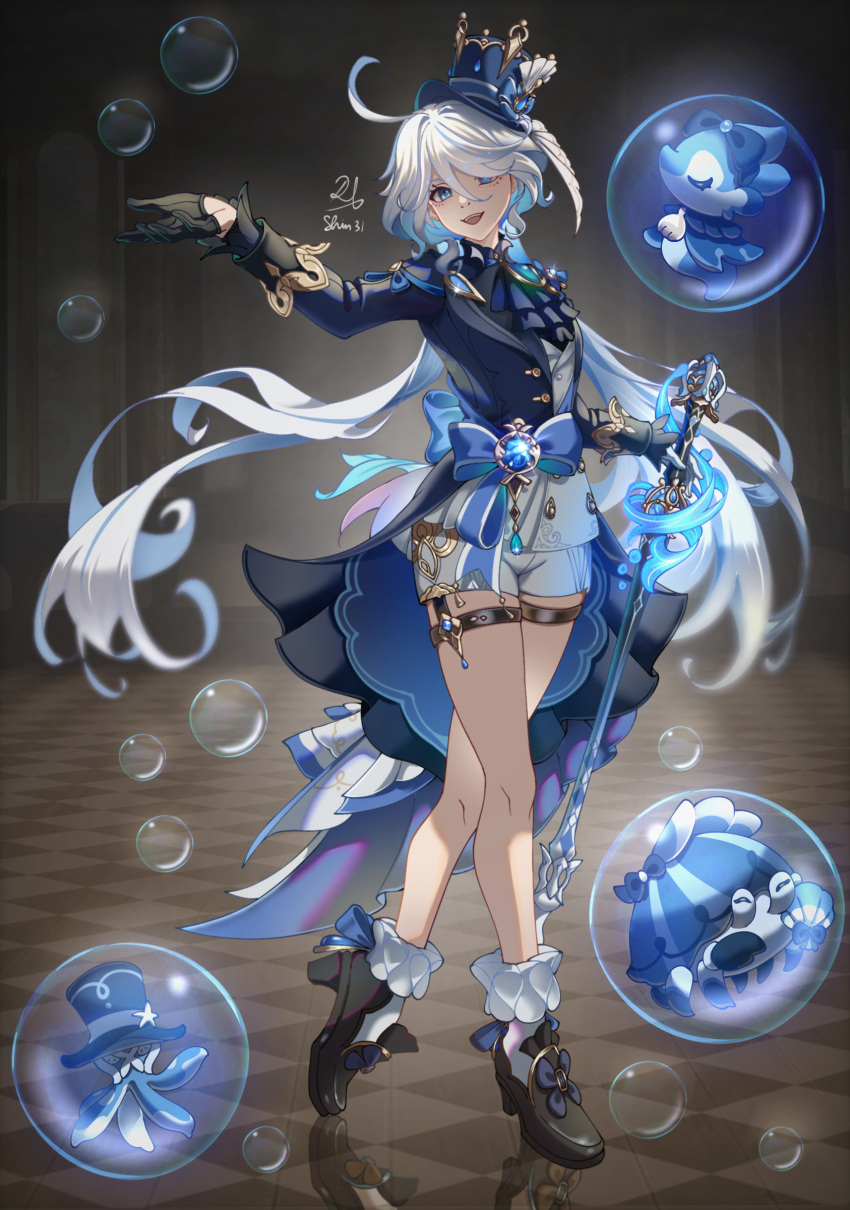 Safebooru - 1girl absurdres ahoge artist name ascot asymmetrical gloves black gloves blue ascot ...