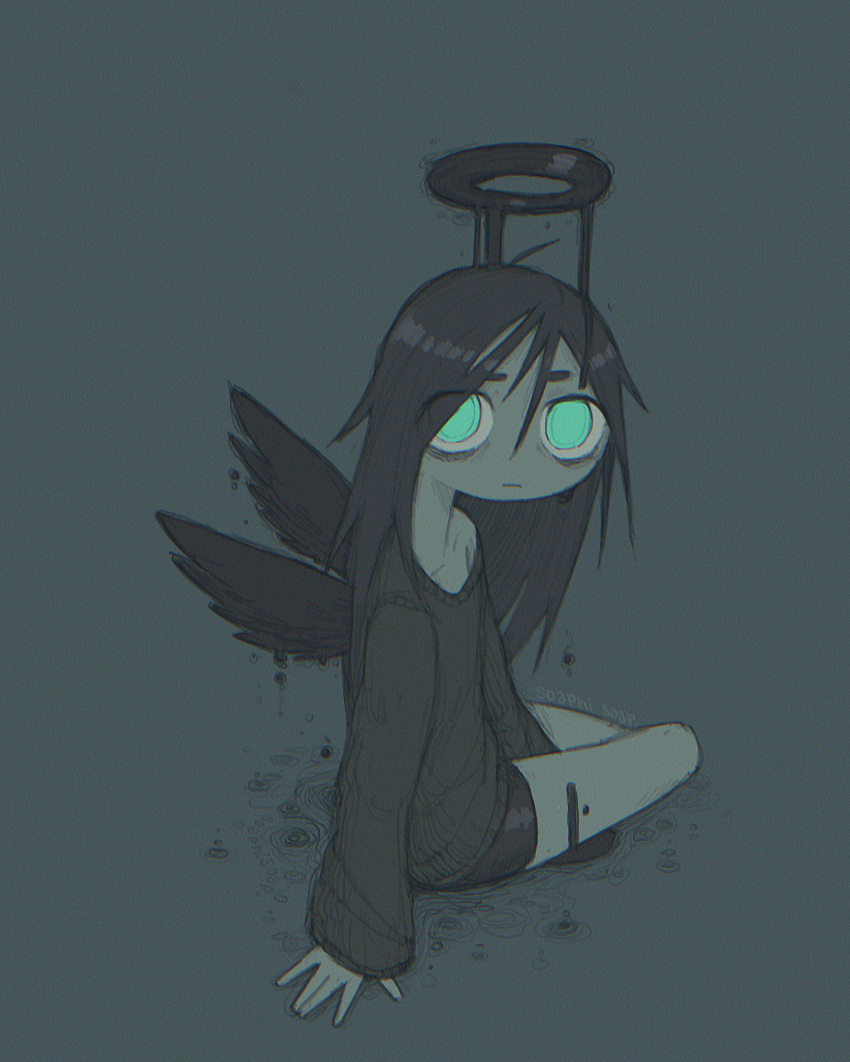 Safebooru - angel wings black hair black halo gym shorts halo highres messy hair original shorts ...