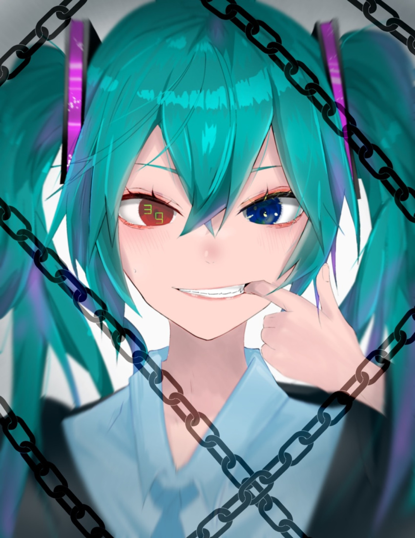 Safebooru - 1girl alternate eye color aqua hair blue eyes blue necktie blurry blush chain ...