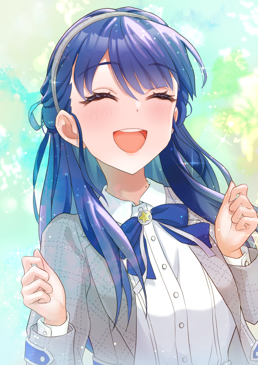 Safebooru - 1girl :d absurdres birdcage (love live!) blue hair blue ribbon blush collared shirt ...