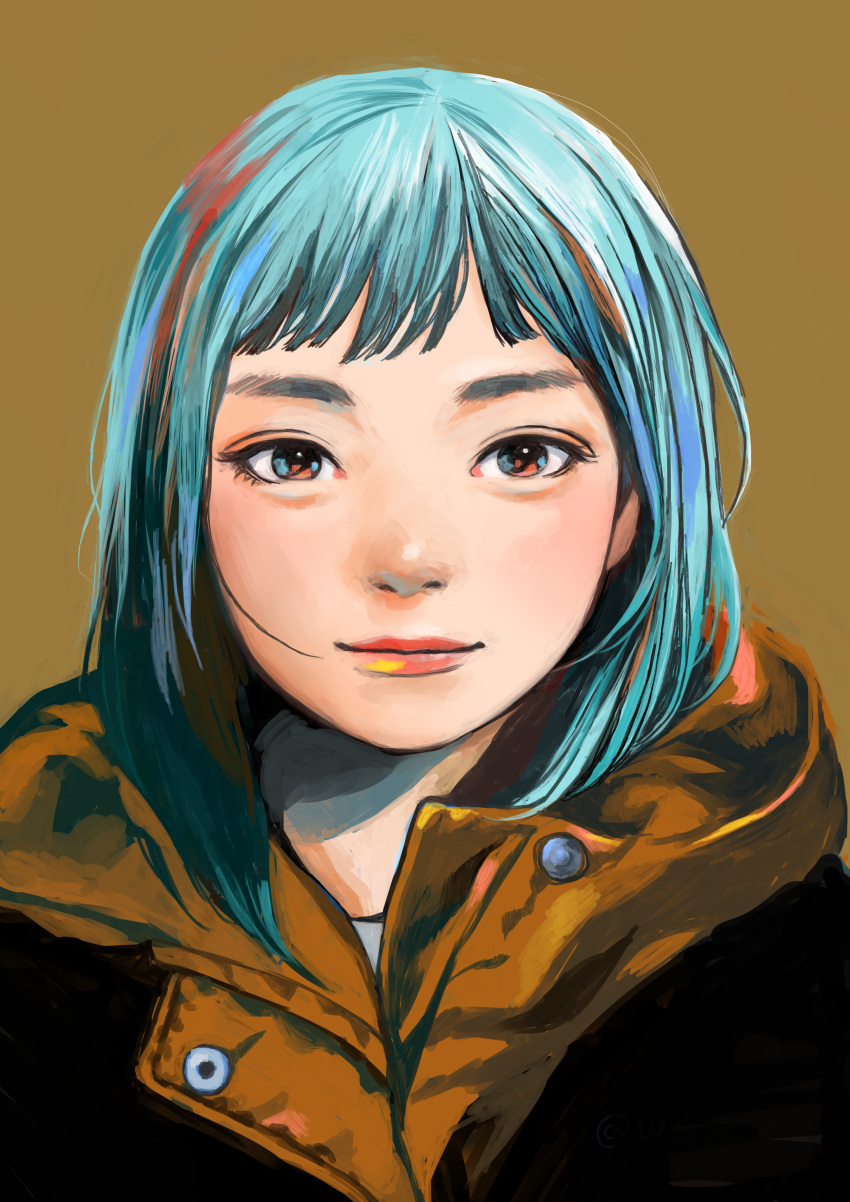 Safebooru - 1girl absurdres aqua hair blue eyes blue hair brown background closed mouth highres ...