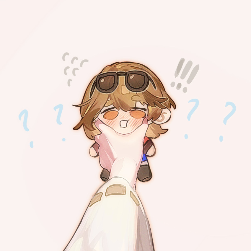 Safebooru - ! !! 1girl 1other ? ?? chibi eyewear on head face grab full ...