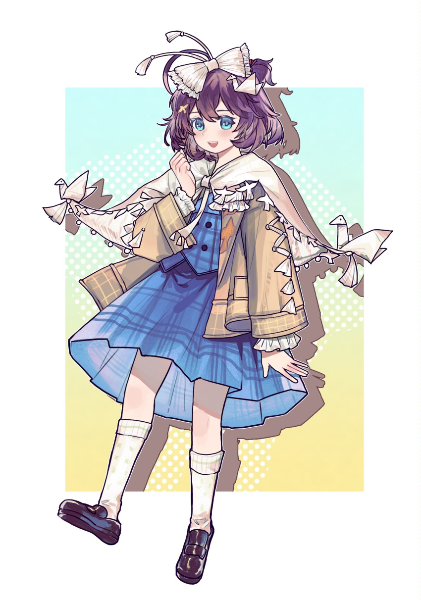 Safebooru - 1girl :d ahoge aqua background black footwear blue eyes blue skirt blue vest bow ...