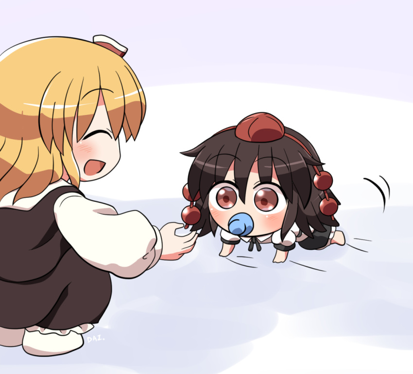 Safebooru - 2girls :d ^ ^ aged down all fours baby barefoot black ...