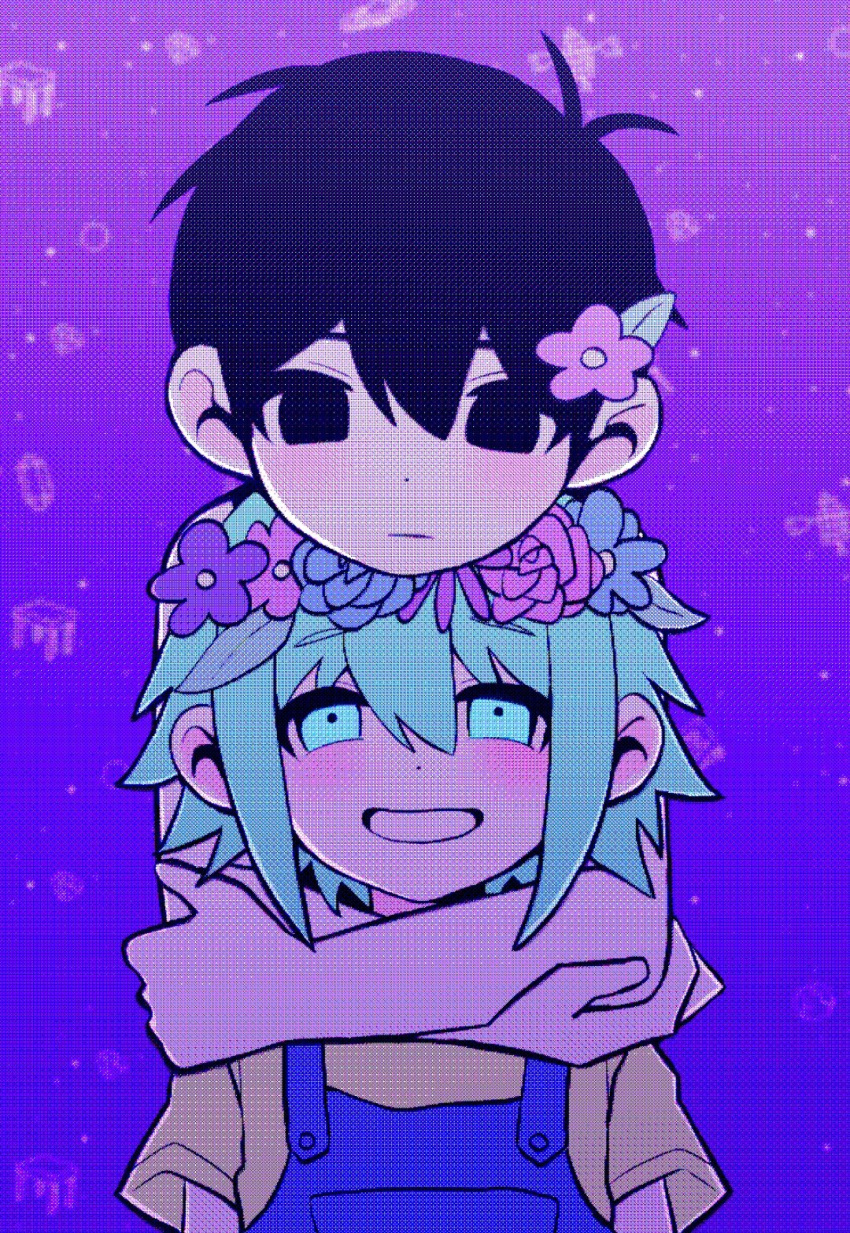 Safebooru - 2boys basil (headspace) (omori) basil (omori) black eyes black hair blue overalls ...