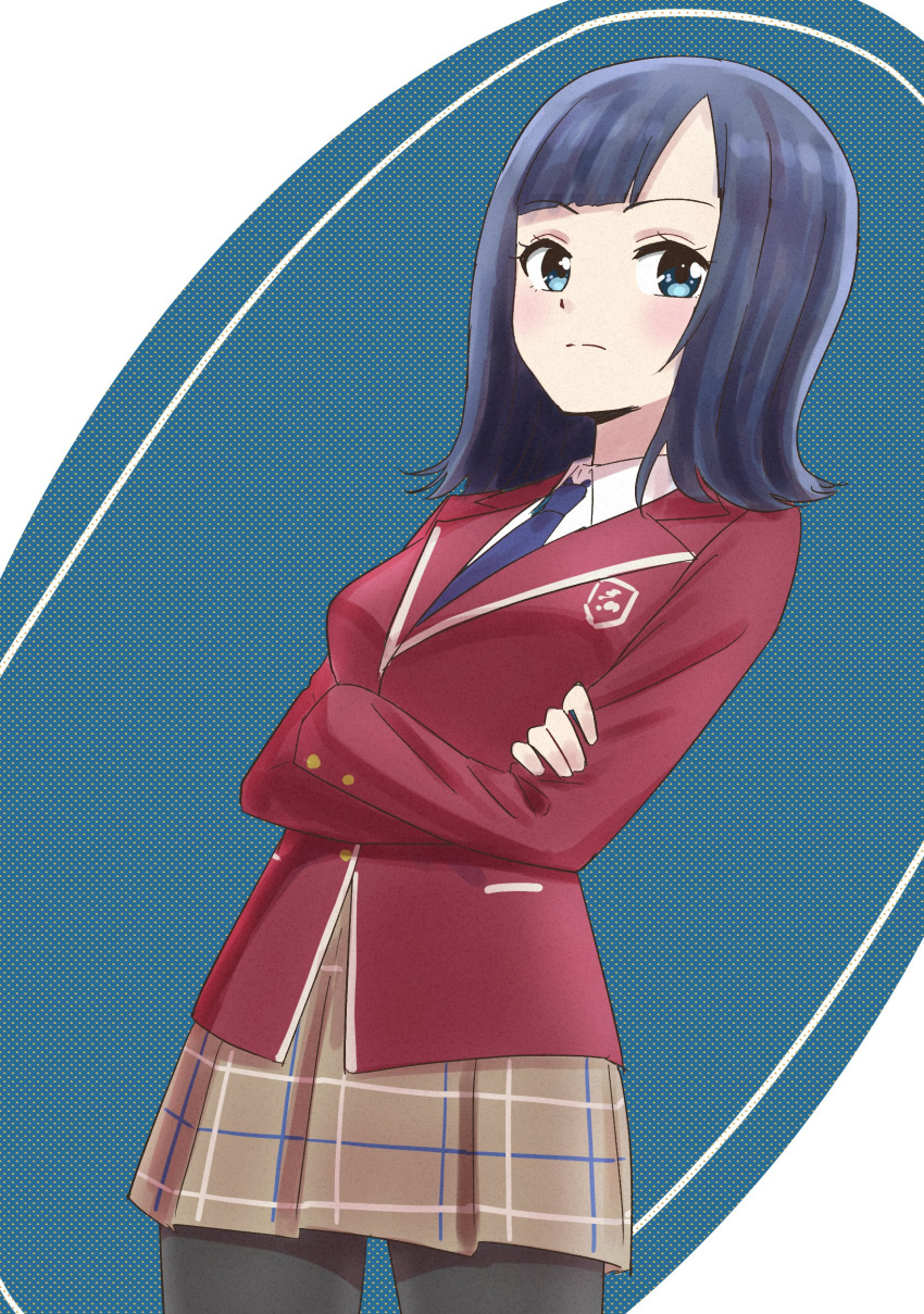 Safebooru - 1girl absurdres arms under breasts black pantyhose blazer blue background blue eyes ...