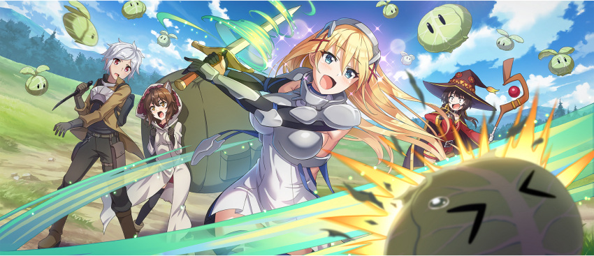 Safebooru - 1boy 3girls :d aiz wallenstein aiz wallenstein (cosplay) animal ears armor armpit ...