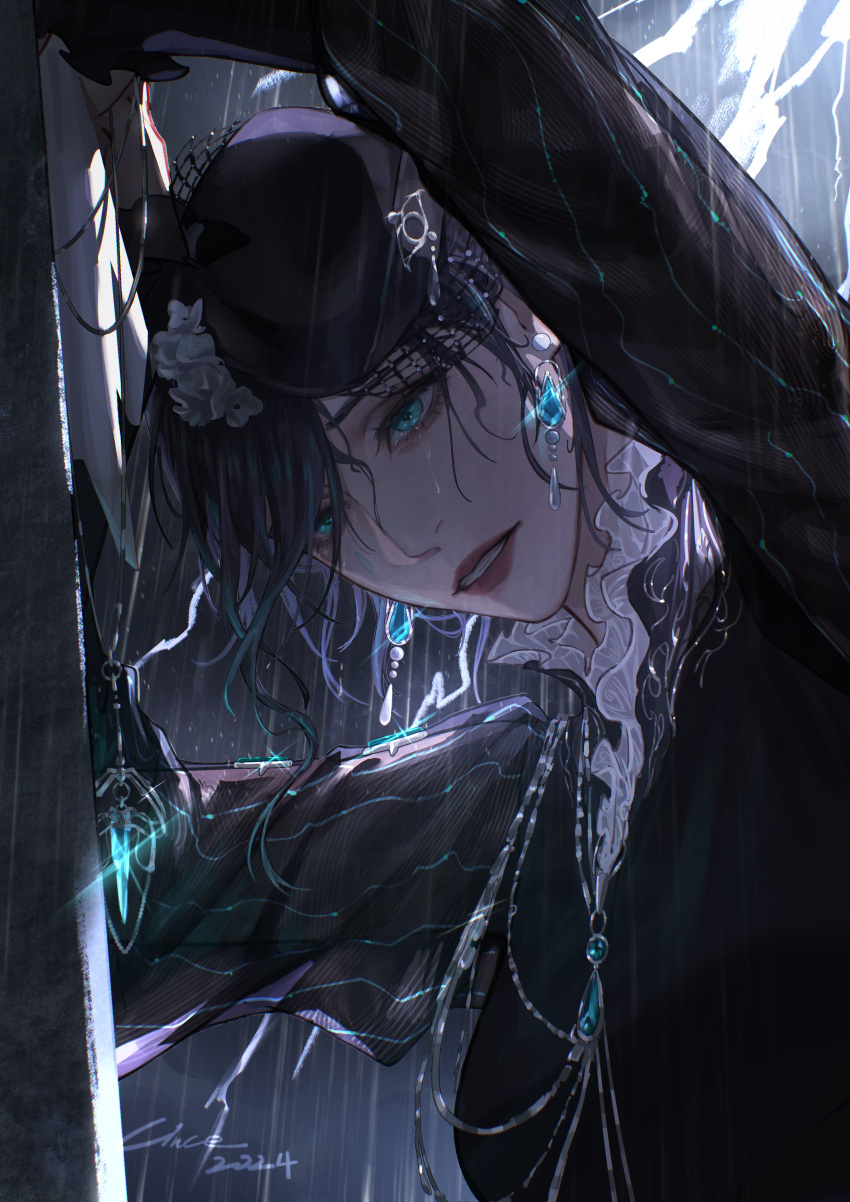 Safebooru - 1girl 2024 absurdres against wall aqua eyes black dress ...