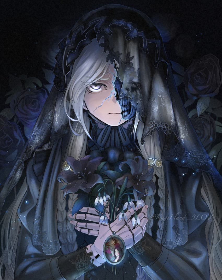 Safebooru - 1girl black background black dress black flower black rose ...