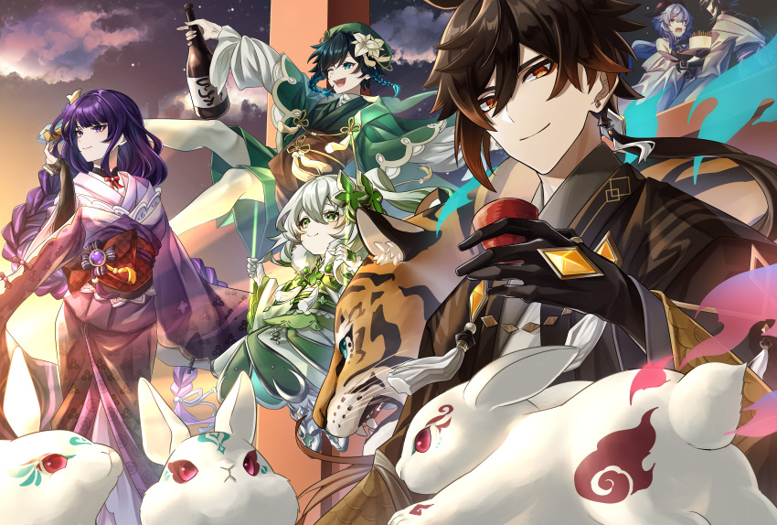 Safebooru - 3boys 3girls absurdres alternate costume blue hair blunt ...