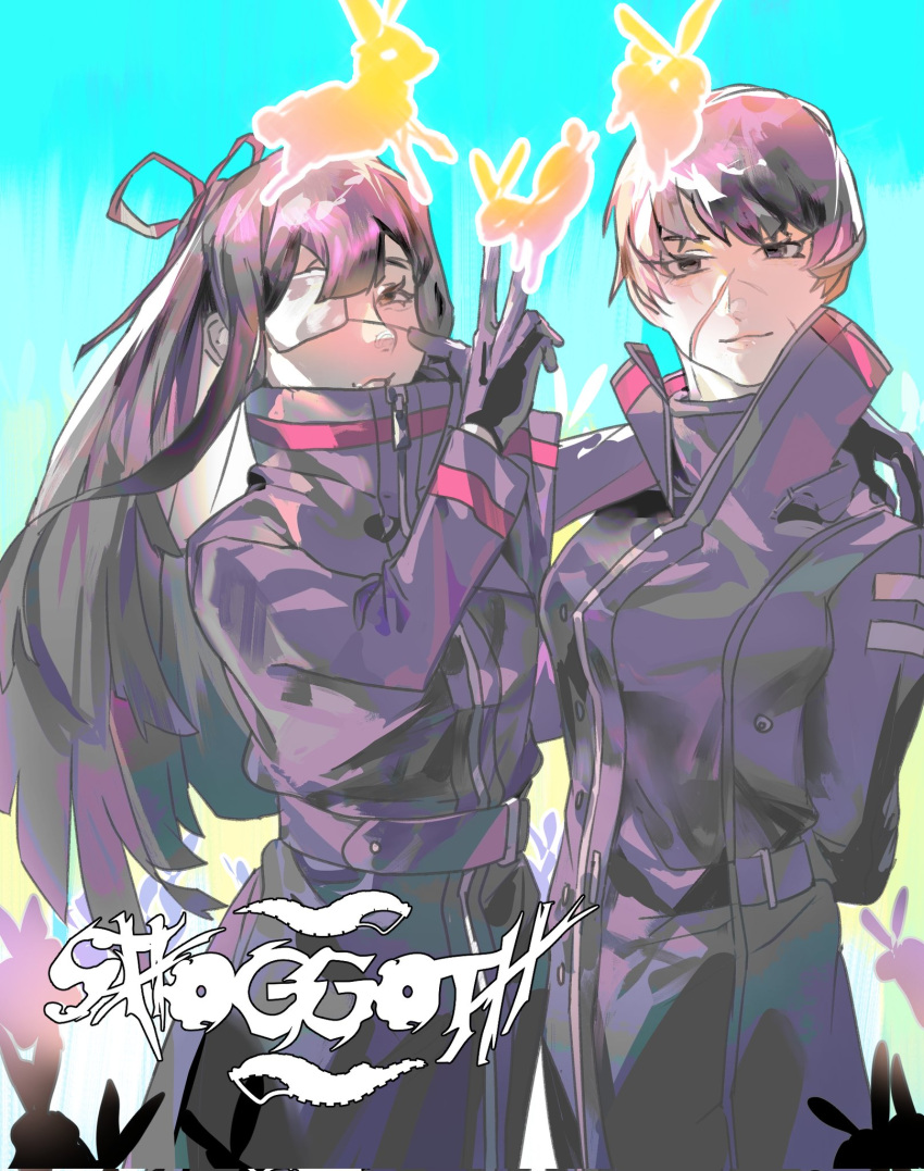 Safebooru - 2girls arm behind back artist name black coat black eyes ...