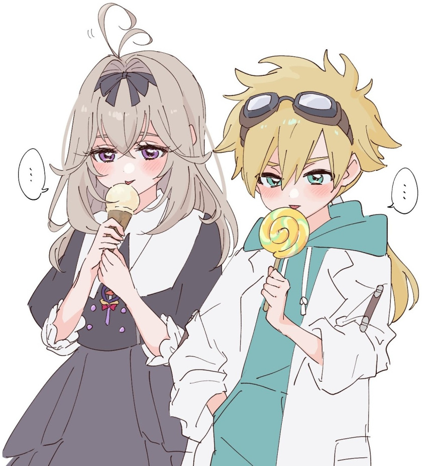 Safebooru - ... 1boy 1girl ahoge aqua hoodie black dress blonde hair ...