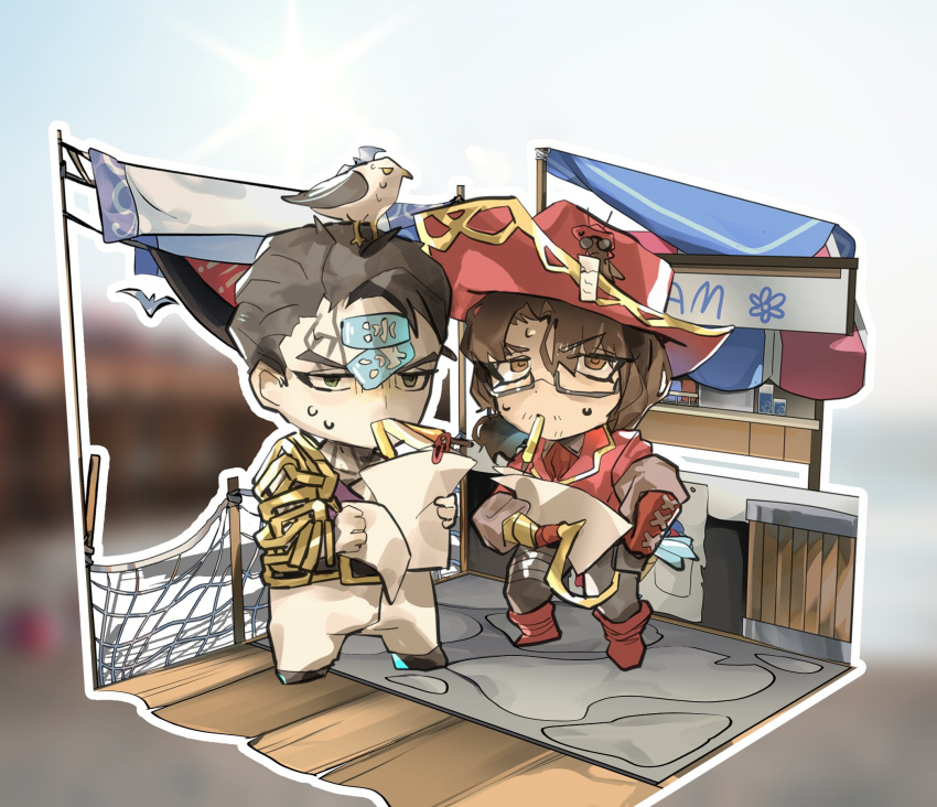 Safebooru - 2boys bandage on forehead beard stubble bird black eyes ...