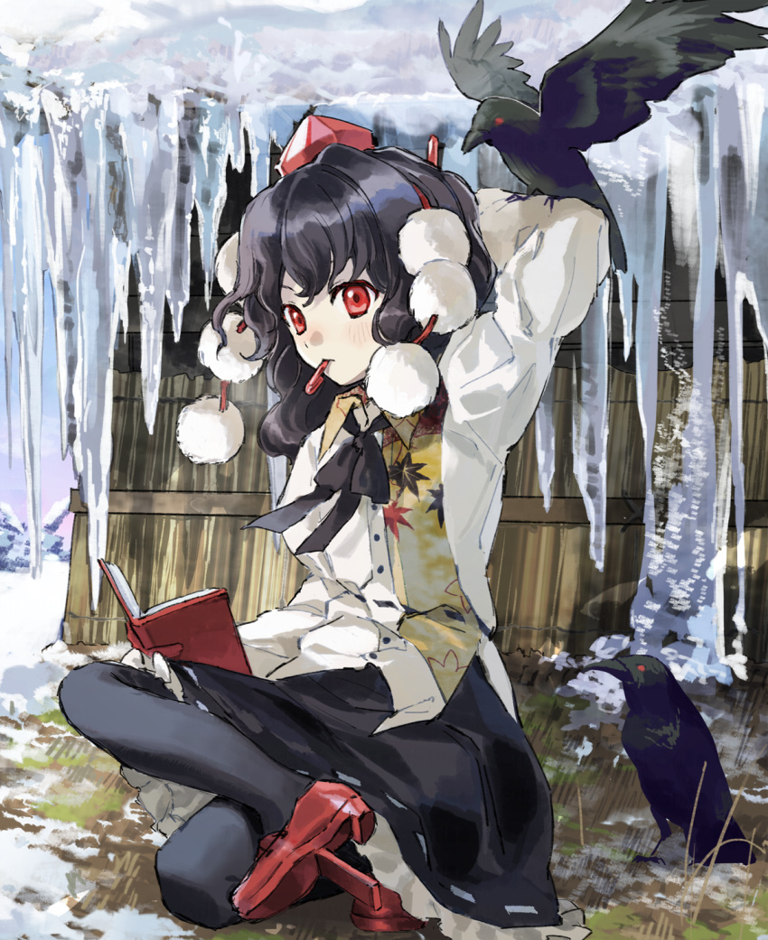 Safebooru - 1girl animal arm behind head bird black hair black ...