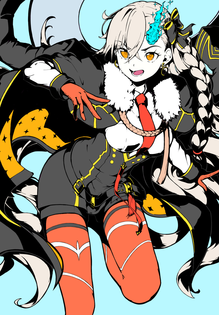 Safebooru - 1girl ahoge belt black coat black corset blue fire braid ...