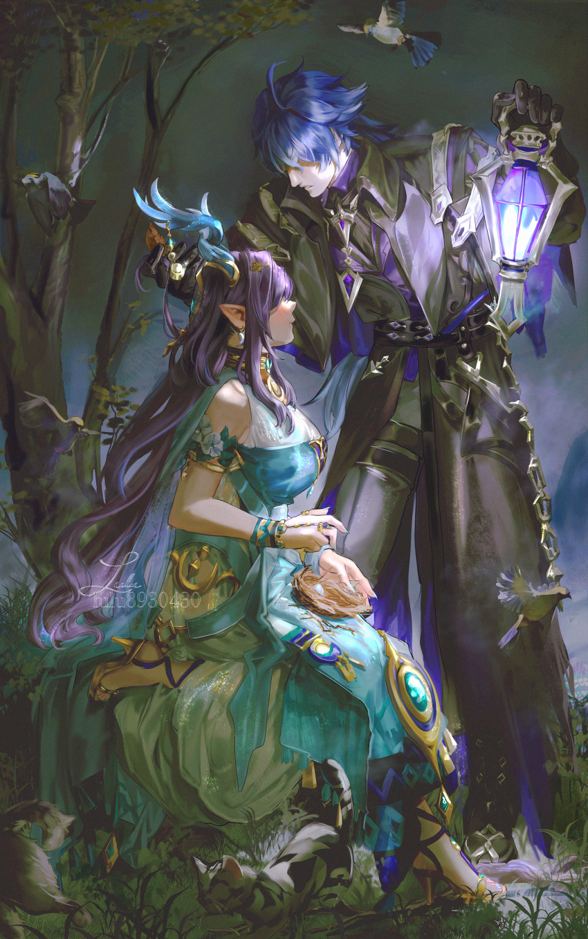 Safebooru - 1boy 1girl absurdres ahoge animal antlers aqua dress armlet ...