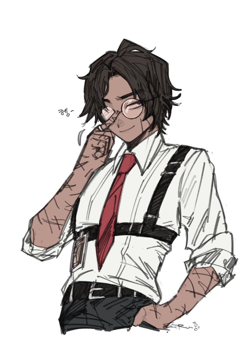 Safebooru - 1boy adjusting eyewear belt black belt black pants brown ...