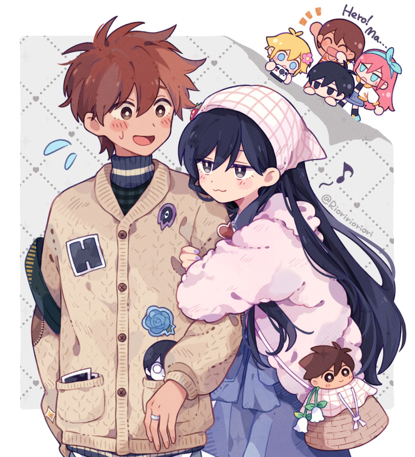 Safebooru - 2girls 4boys :d :o ^ ^ antenna hair arm hug arm up aubrey ...