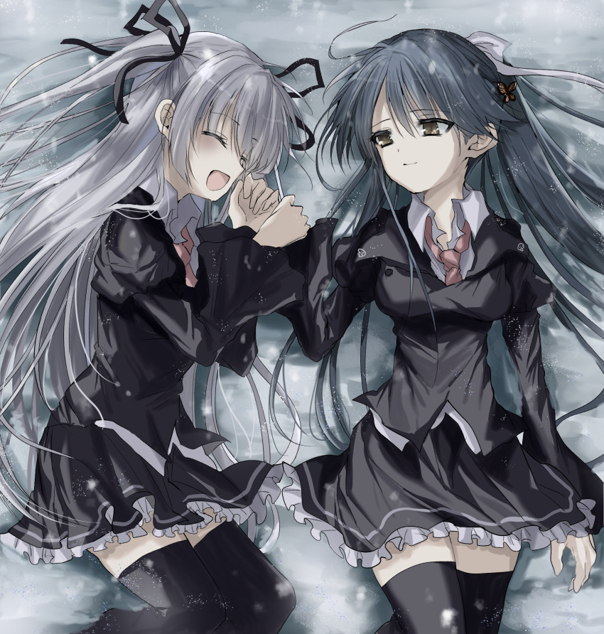 Safebooru - 2girls alternate costume black hair black jacket black ribbon black skirt black ...