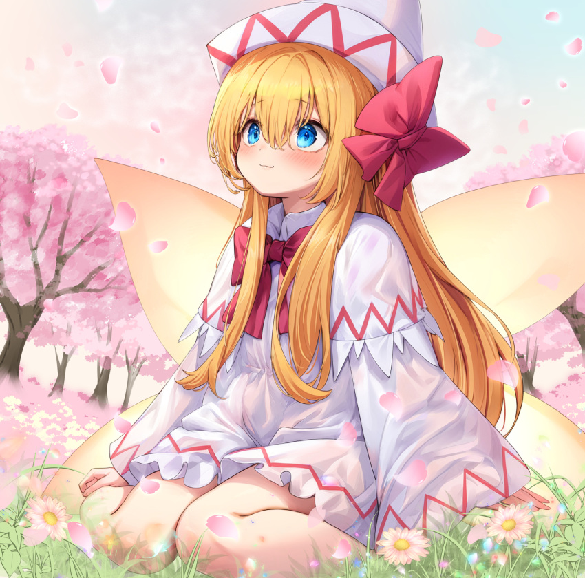 Safebooru - 1girl blonde hair blue eyes bow bowtie capelet cherry blossoms closed mouth ...