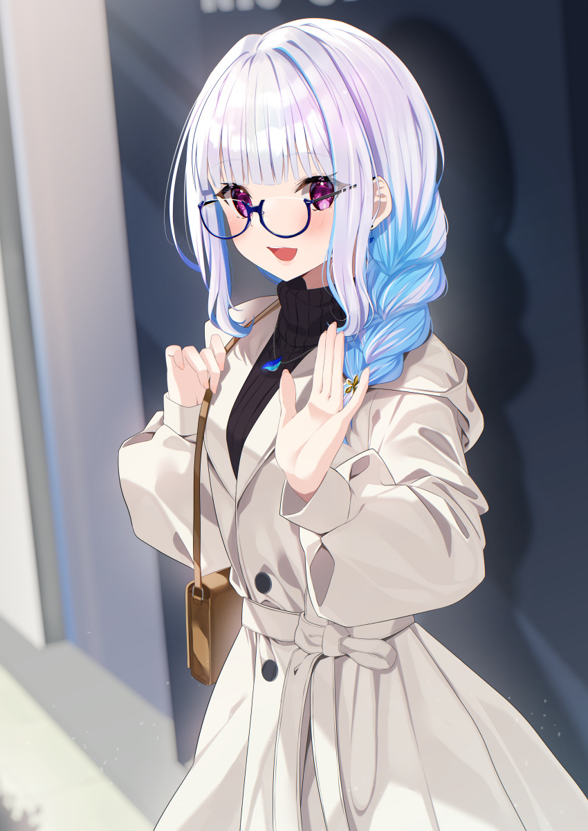 Safebooru - 1girl :d absurdres alternate costume bag bespectacled black sweater blue-framed ...