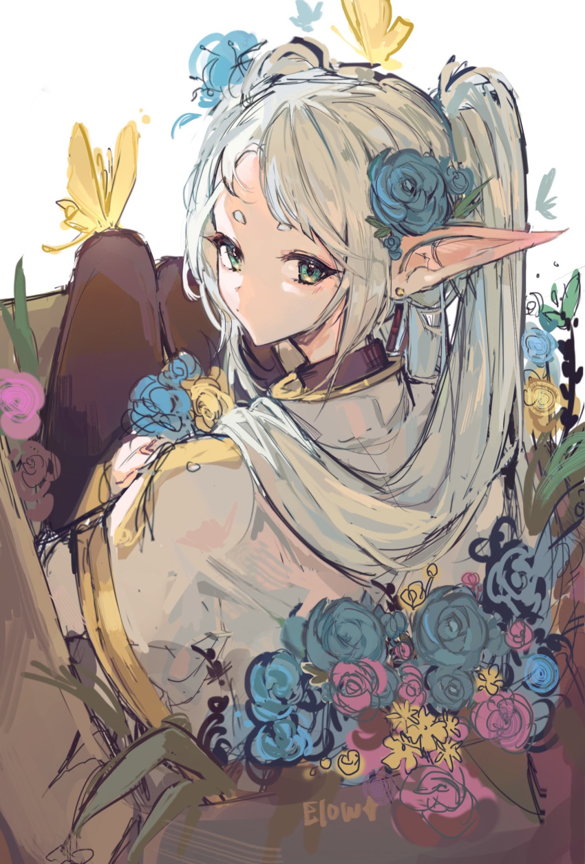 Safebooru - 1girl bug butterfly capelet closed mouth collar earrings elf elowhyra english ...