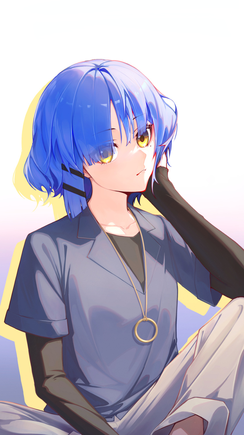 Safebooru - 1girl absurdres black shirt blue background blue hair blue shirt bocchi the rock ...