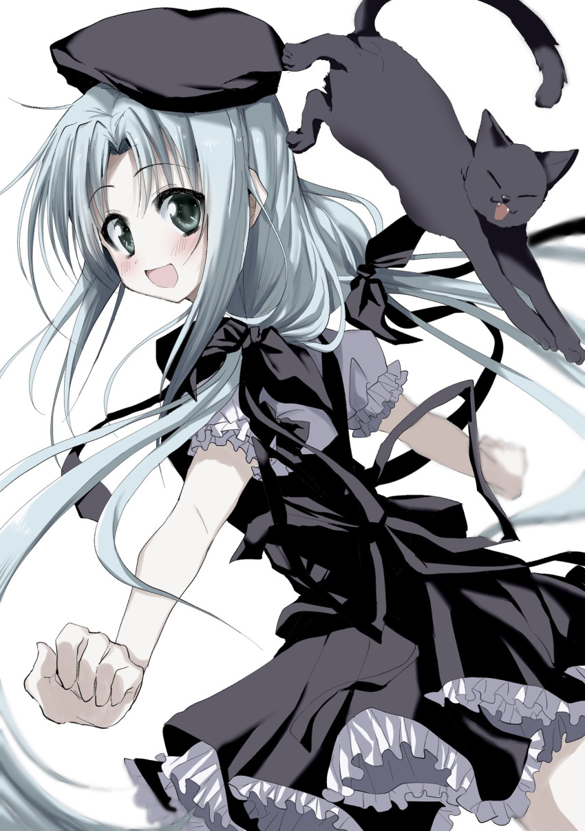 Safebooru - 1girl :d beret black cat black dress black hat blue hair cat closed eyes dress fang ...