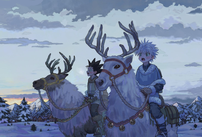 Safebooru - 2boys antlers bell black hair blush christmas tree clouds ...