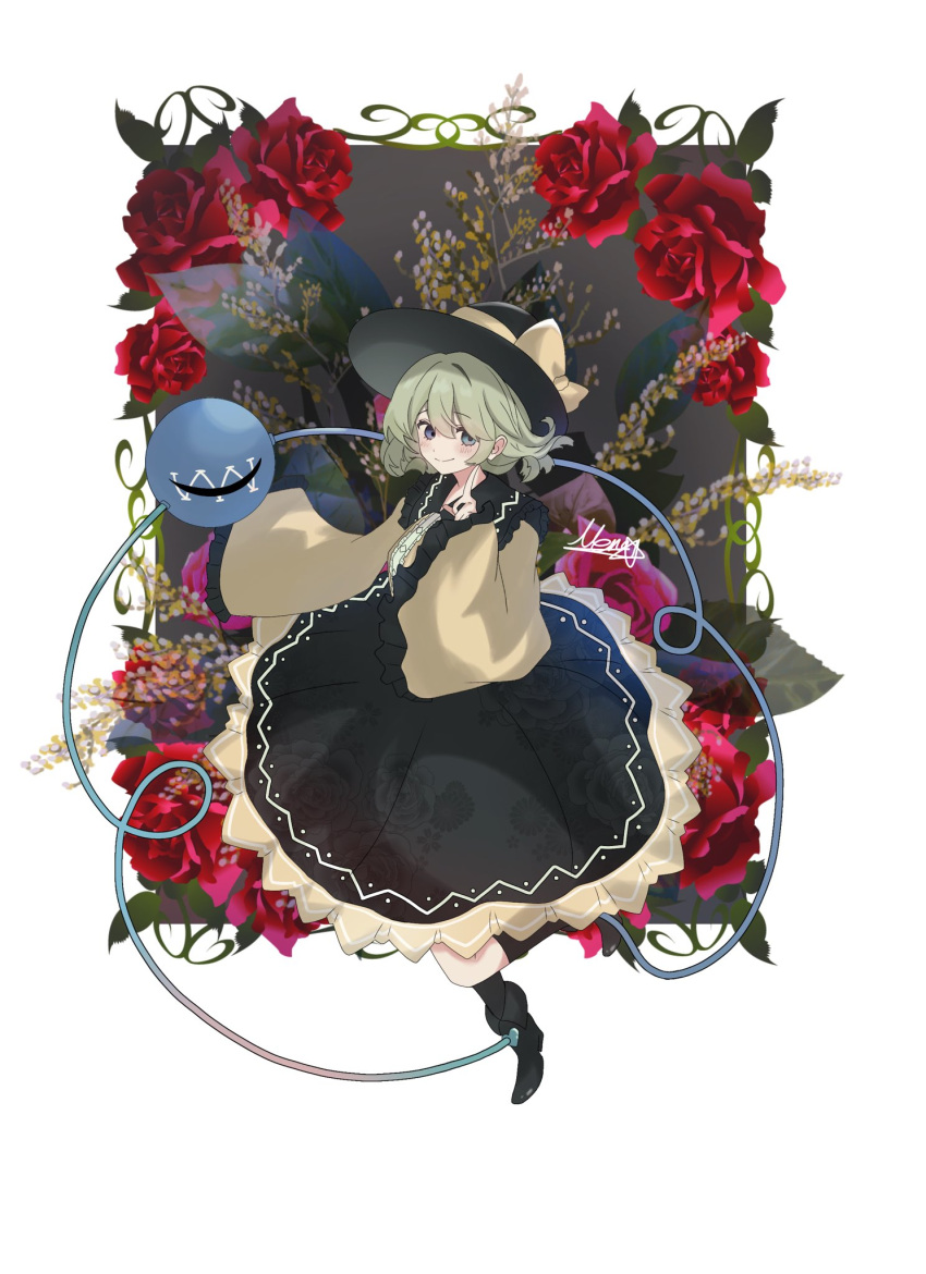 Safebooru - 1girl black dress black footwear black hat blue eyes bow dress flower green hair ...