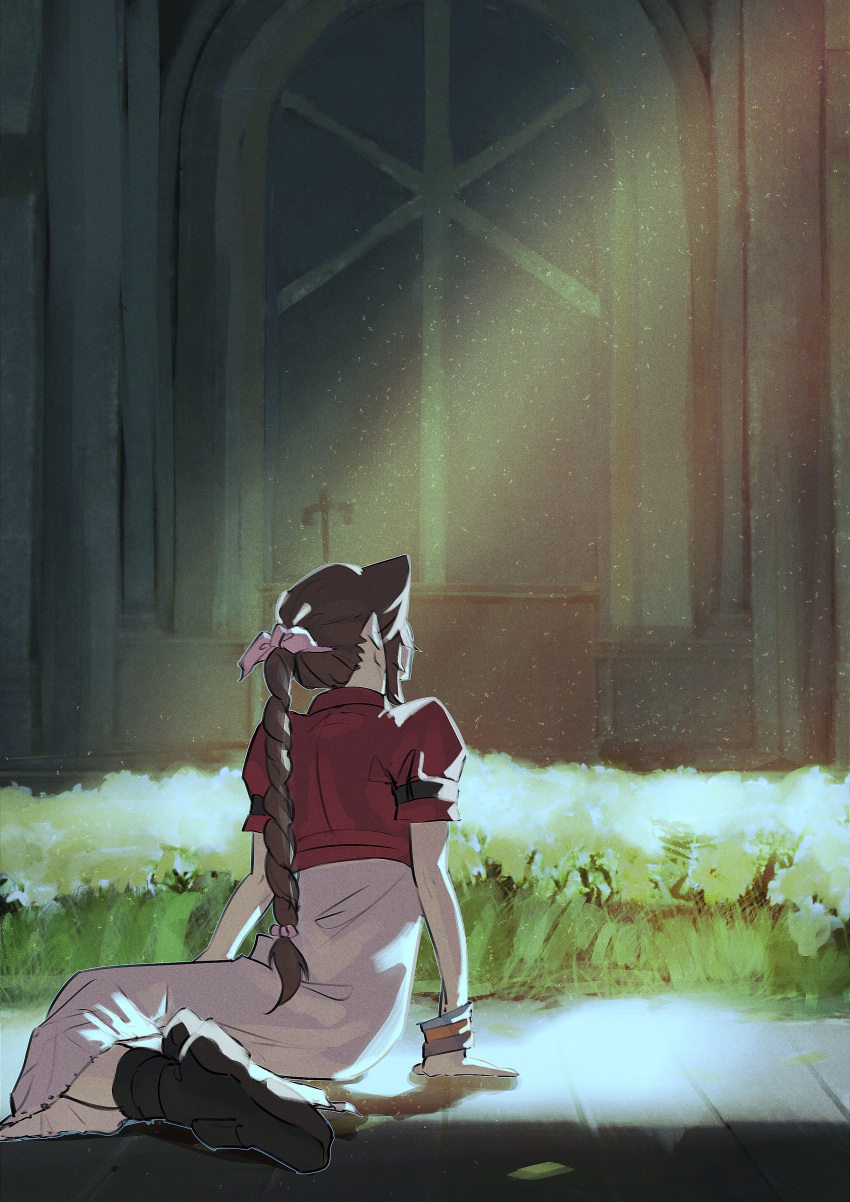 Safebooru - 1girl absurdres aerith gainsborough arm ribbon arm support bangle boots bracelet ...