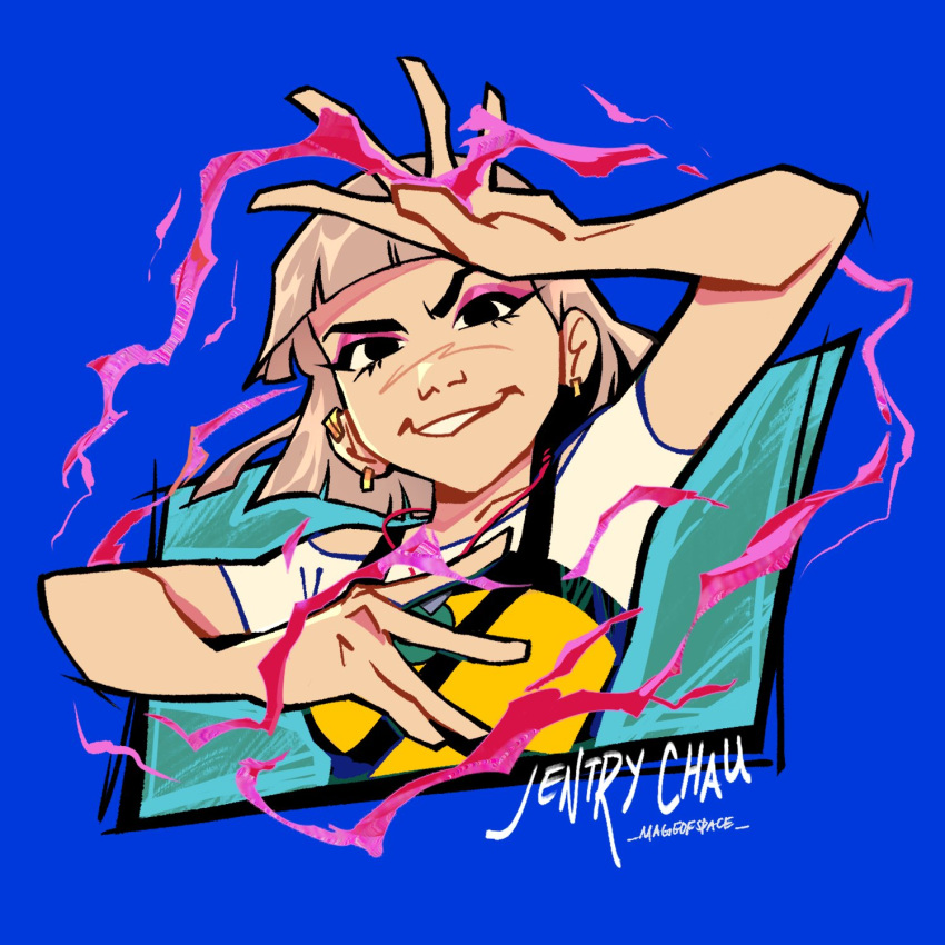 Safebooru - 1girl black eyes blonde hair blue background blunt bangs ...