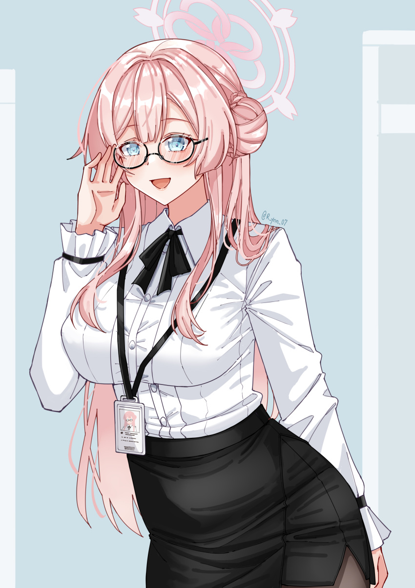 Safebooru - 1girl absurdres adjusting eyewear alternate breast size alternate costume arm behind ...