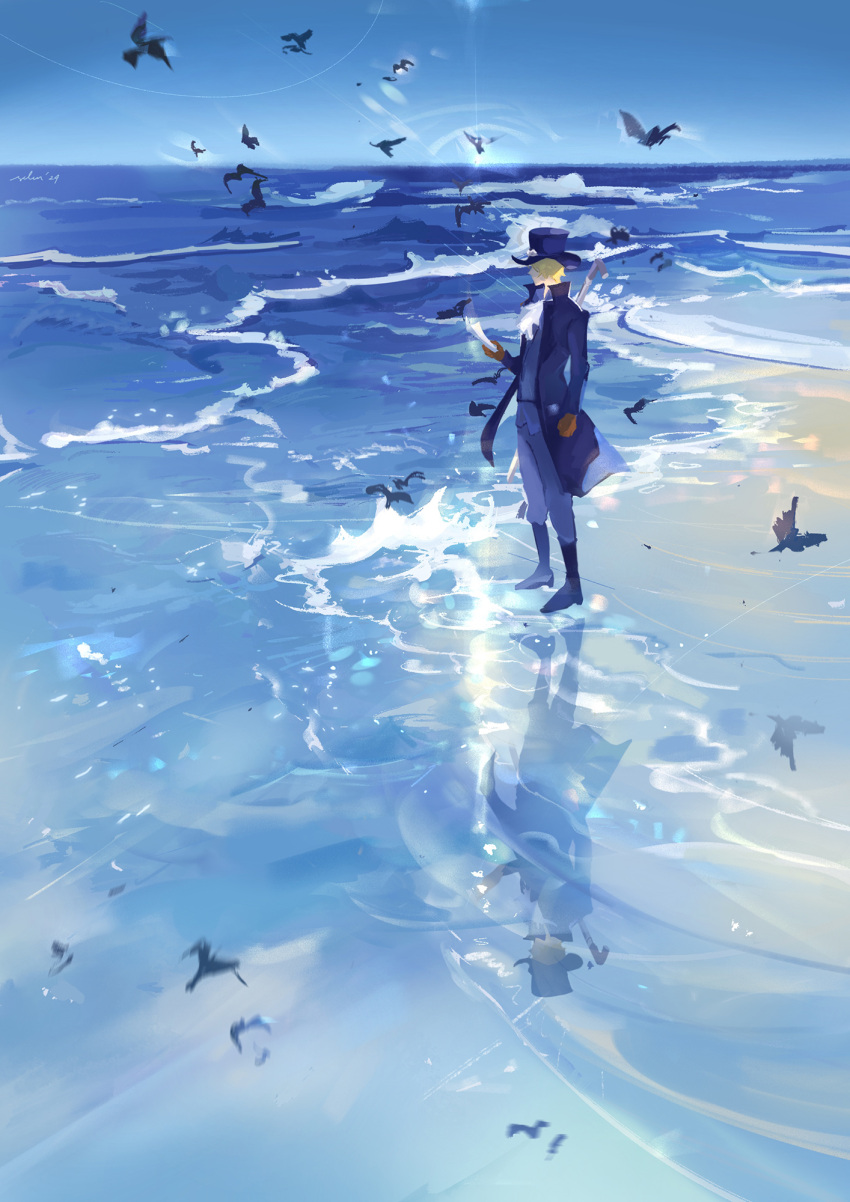 Safebooru - 1boy ascot avenoirn bird blonde hair blue coat blue hat ...