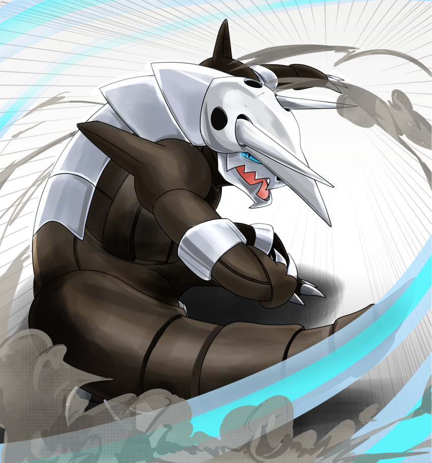 Safebooru - absurdres aggron arm armor armor blue eyes facing away facing to the side fake horns ...