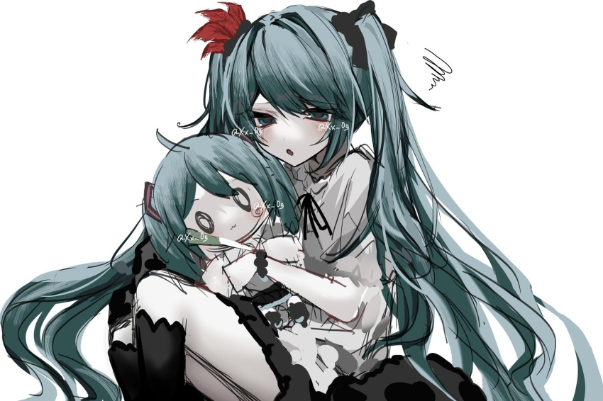 Safebooru - 1girl :o aqua eyes aqua hair black scrunchie black skirt black socks doll dress hair ...