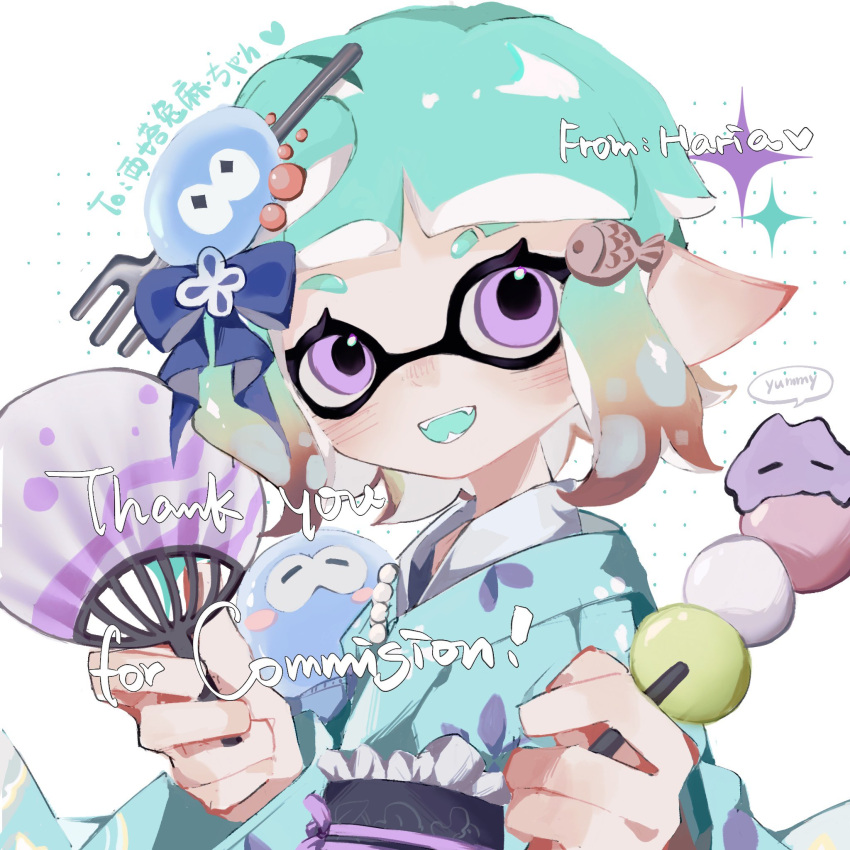 Safebooru - 1girl blue bow blue hair blue kimono blush bow brown hair ...