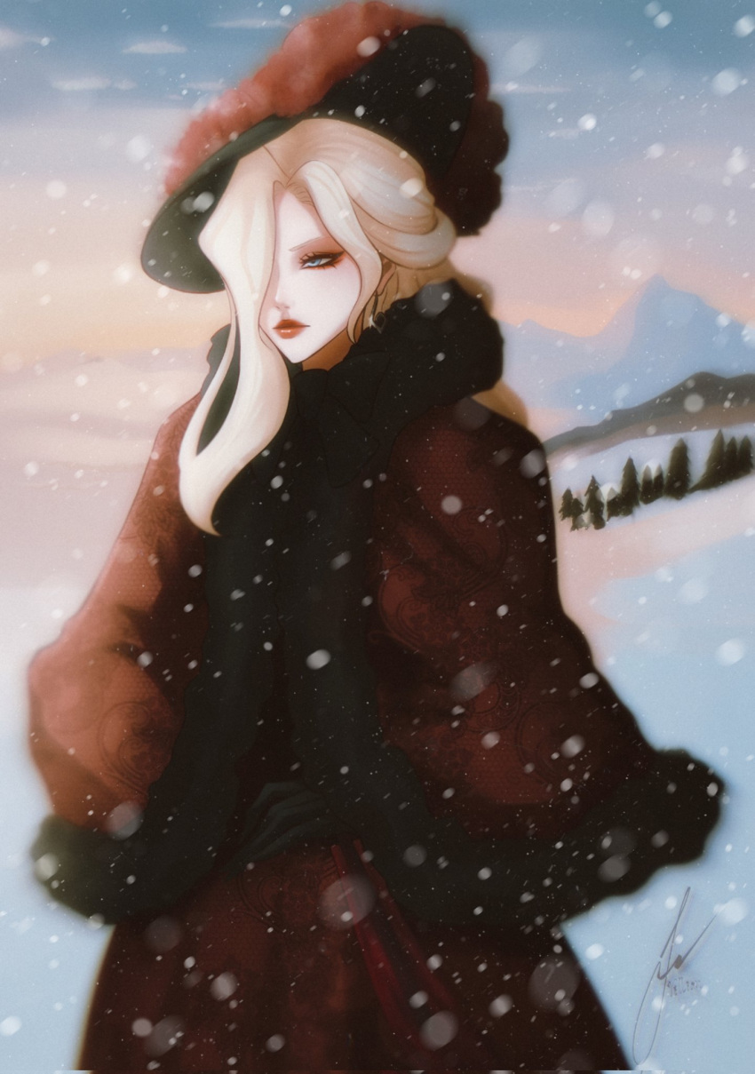 Safebooru - 1girl 7villian7 blonde hair blue eyes coat fur coat fur hat ...