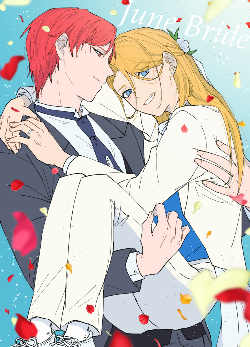 Safebooru - 2boys alternate costume asymmetrical bangs blonde hair blue eyes blush carrying ...