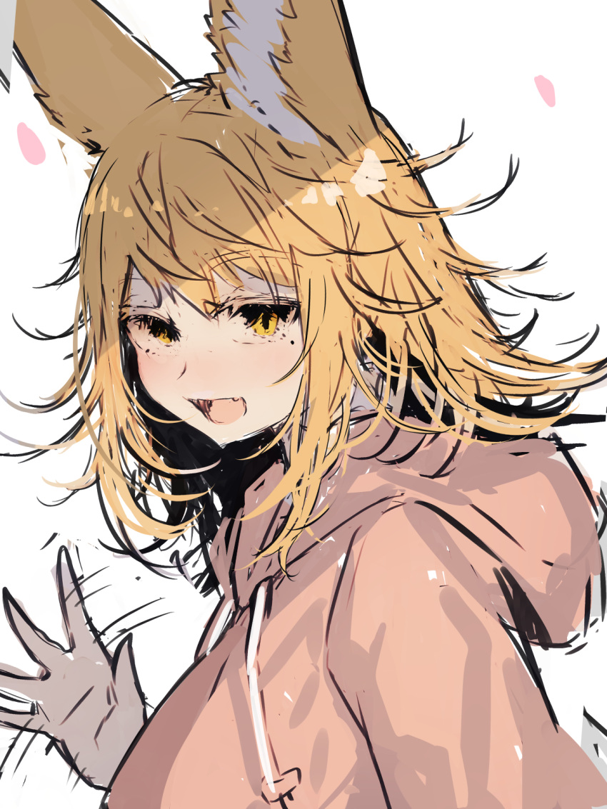 Safebooru - 1girl :d animal ear fluff animal ears blonde hair brown hoodie drawstring fang fox ...