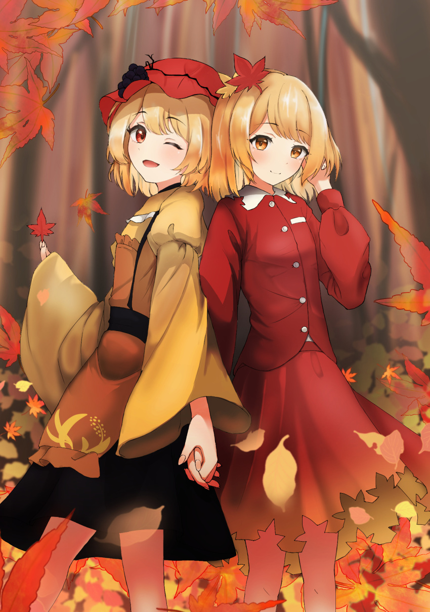 Safebooru - 2girls aki minoriko aki shizuha apron autumn leaves black skirt blonde hair closed ...