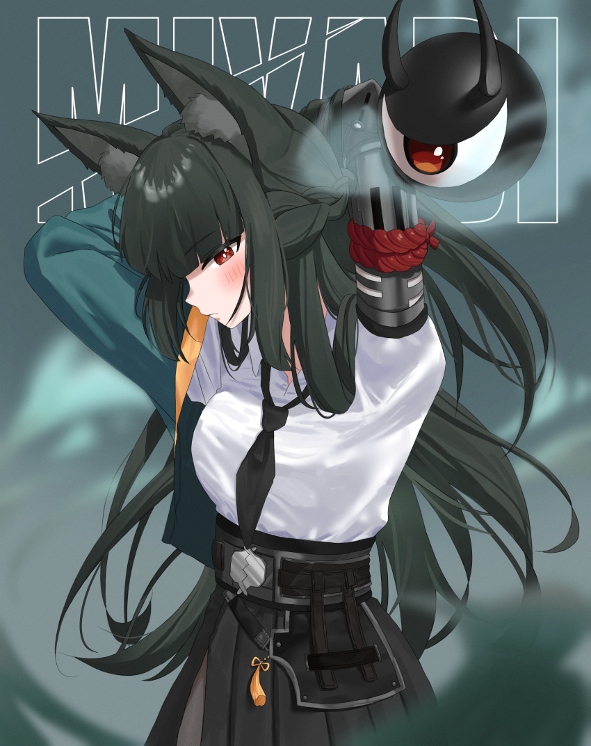 Safebooru - 1girl absurdres animal ear fluff animal ears arms up black hair black necktie black ...
