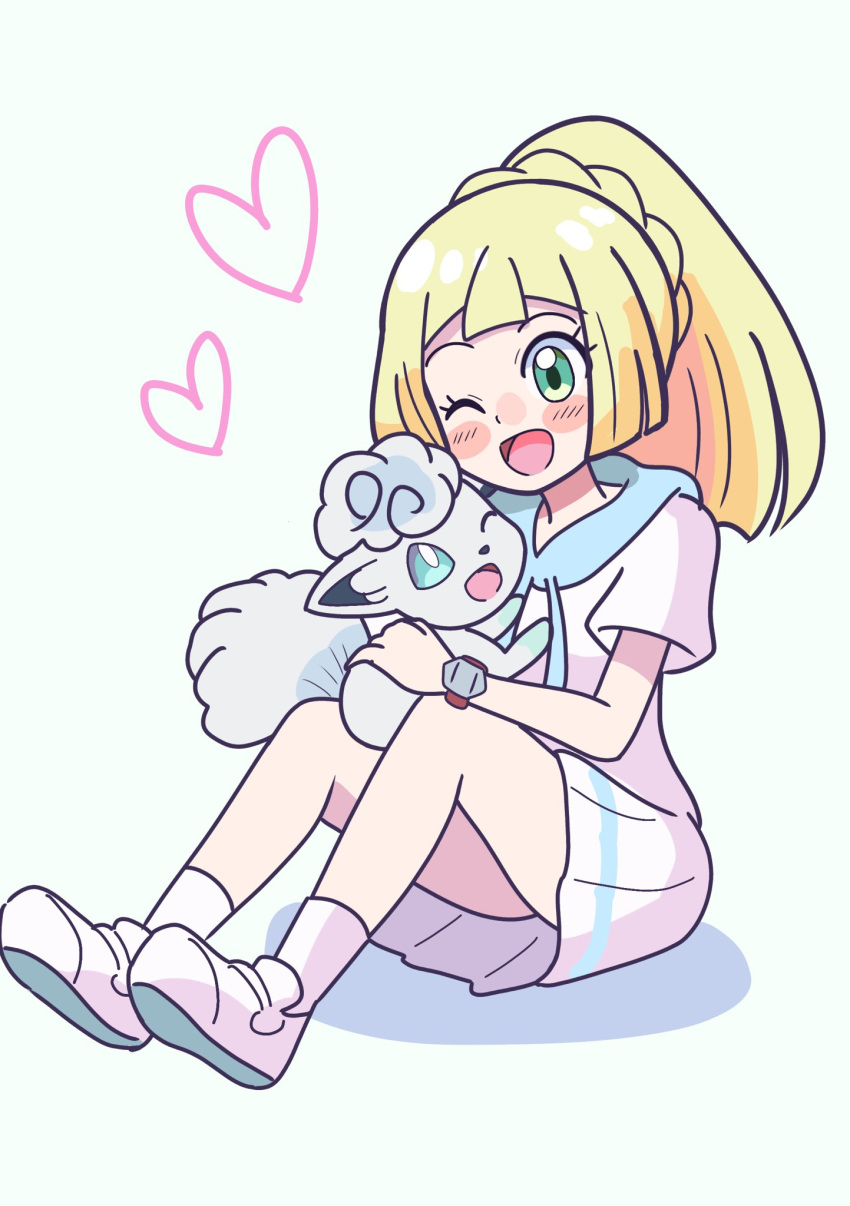 Safebooru - 1girl alolan vulpix aqua background aqua eyes blonde hair ...