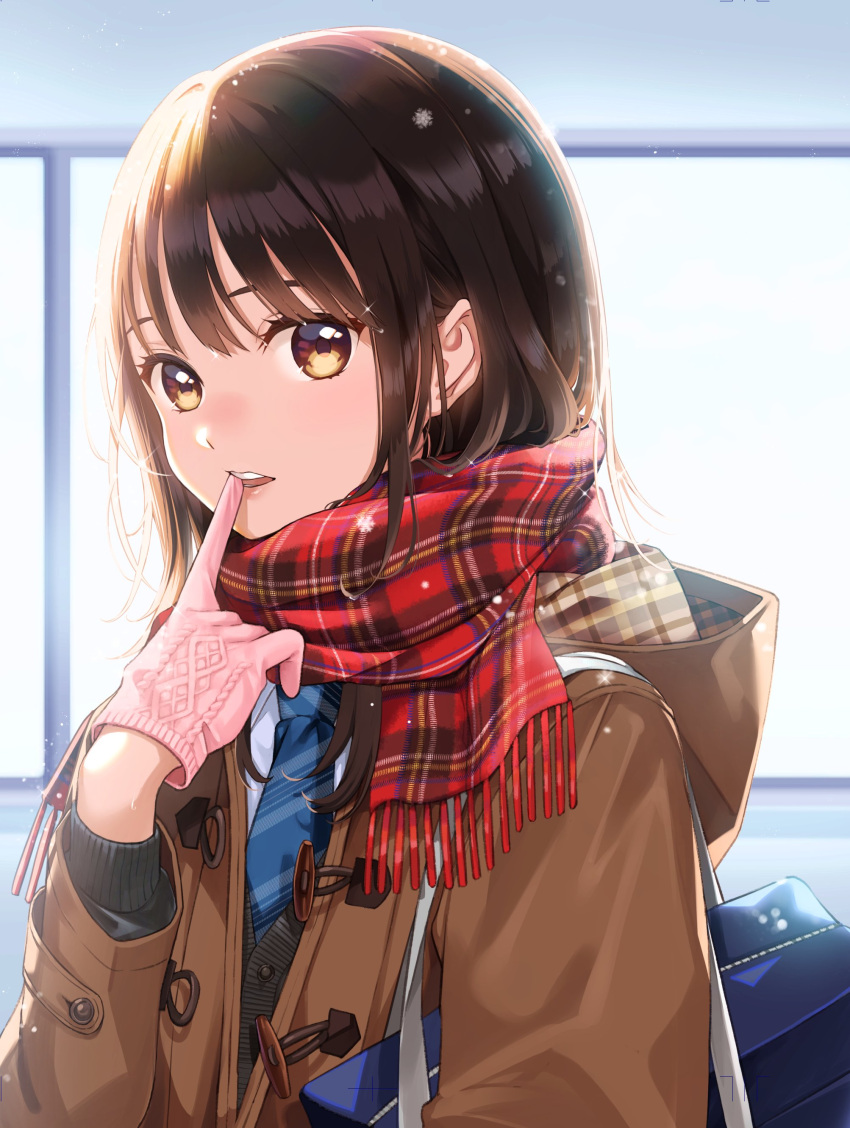 Safebooru - 1girl absurdres bag blue bag blue necktie brown coat brown eyes brown hair cardigan ...