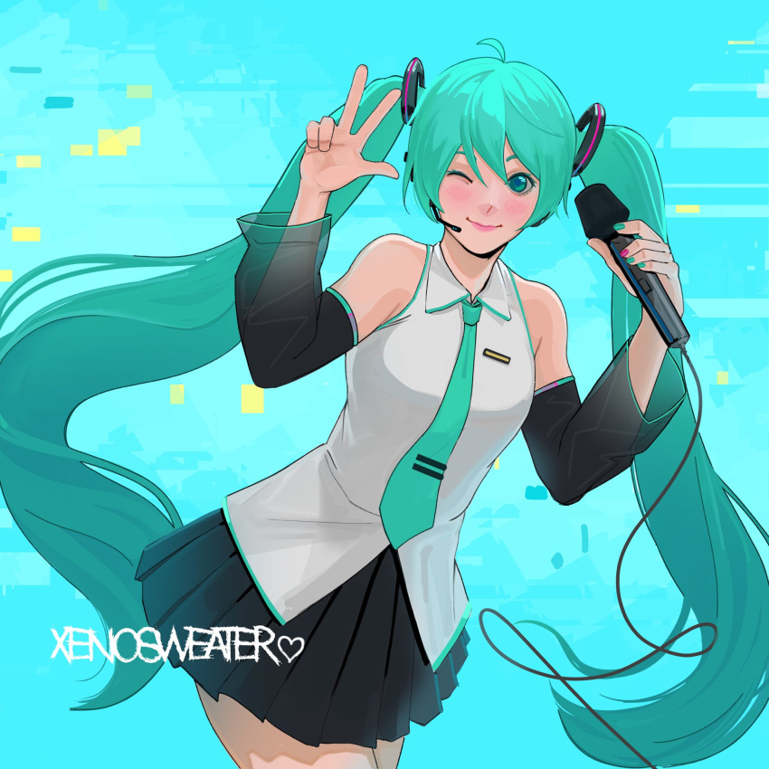 Safebooru - 1girl aqua background aqua eyes aqua hair aqua nails aqua necktie black skirt black ...
