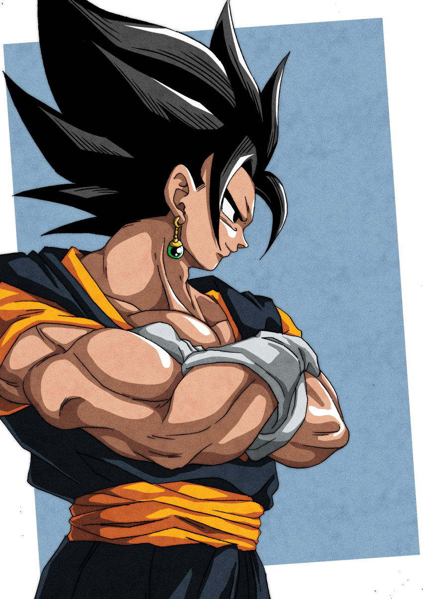 Safebooru - 1boy absurdres black eyes black hair blue background blue pants blue shirt border ...