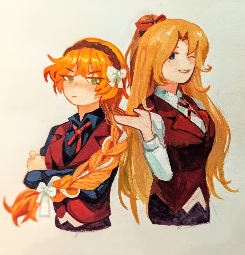 Safebooru - 2girls black shirt bow braid brown hairband closed mouth collared shirt cosplay ...