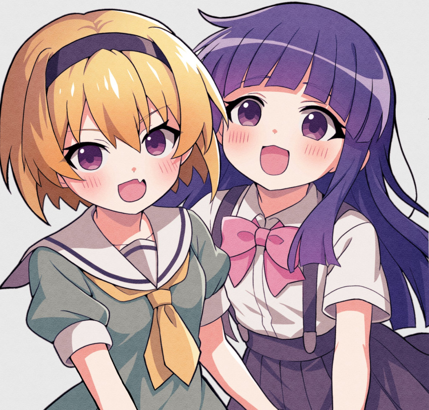 Safebooru - 2girls :d black hairband black skirt blonde hair blue hair ...